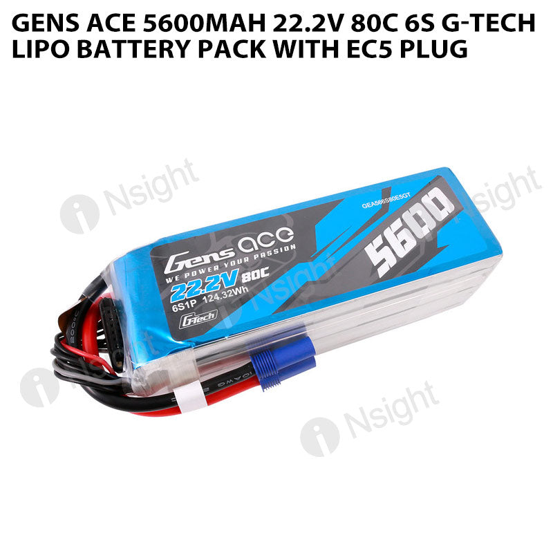 Gens Ace 5600mAh 6S 80C 22.2V G-Tech Lipo Battery Pack With EC5 Plug ...
