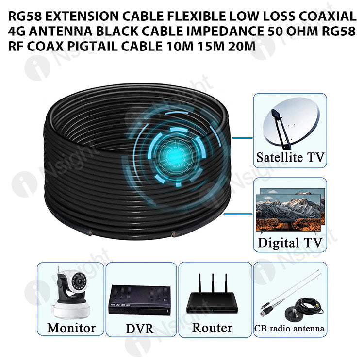 RG58 Extension Cable Flexible Low Loss Coaxial 4G Antenna Black Cable ...